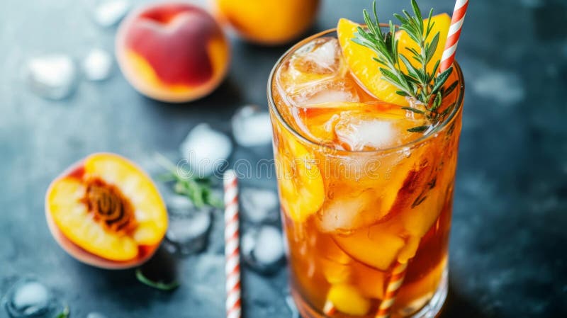 Refreshing Peach Iced Tea with Rosemary Garnish Stock Illustration ...