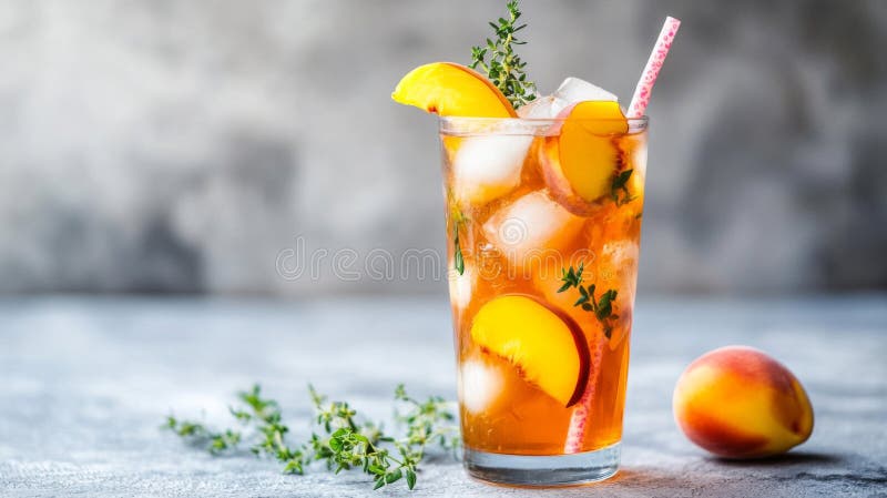 Refreshing Peach Iced Tea with Thyme Garnish Stock Illustration ...