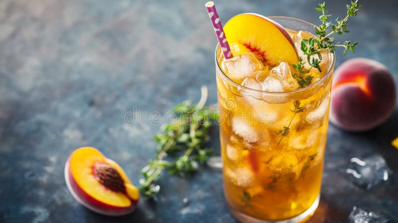 Refreshing Peach Iced Tea with Thyme Garnish Stock Illustration ...