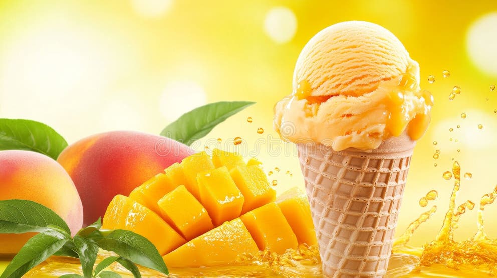 A Refreshing Peach and Mango Ice Cream Cone Splashes with Fresh Fruit ...