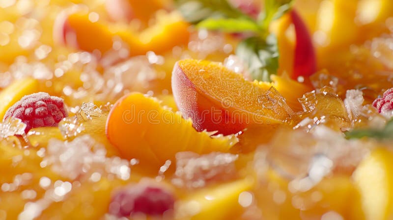 A Refreshing Peach and Mango Slush with Ice Crystals and Fruit Slices ...