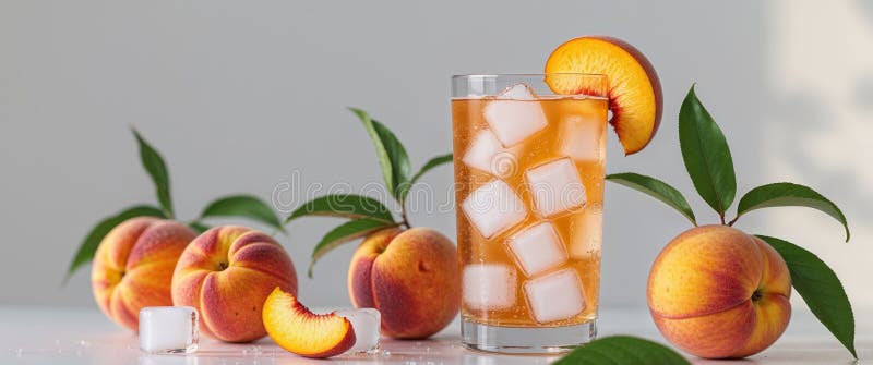 Refreshing Peach Soda with Ice Cubes and Fresh Peaches. Stock Image ...