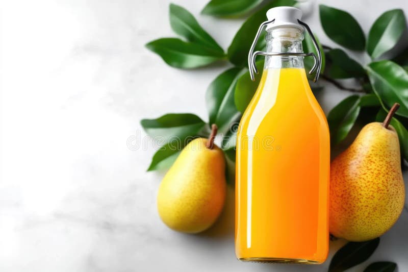 Refreshing Pear Juice Bottle with Fresh Pears and Green Leaves on ...