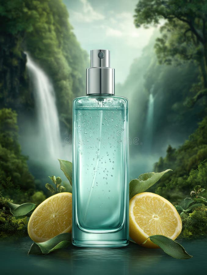 Refreshing Perfume Bottle with Lemons and a Lush Green Waterfall ...