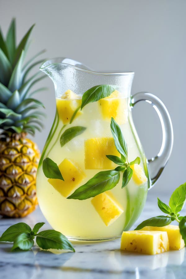 A Refreshing Pineapple Basil Drink in a Pitcher with Fresh Pineapple ...