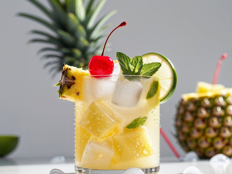 Refreshing Pineapple Drink with Tropical Garnishes and Bright Lighting ...