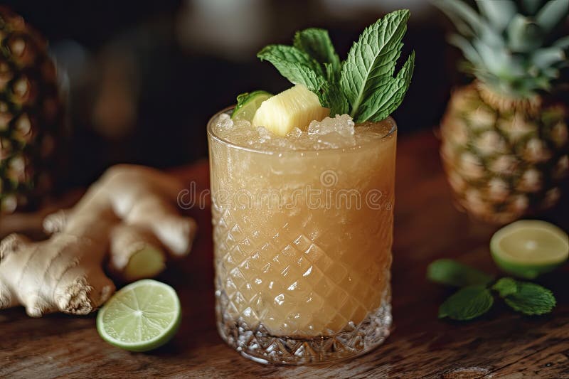 Refreshing Pineapple Ginger Cocktail Garnish with Mint Stock Illustration - Illustration of ...