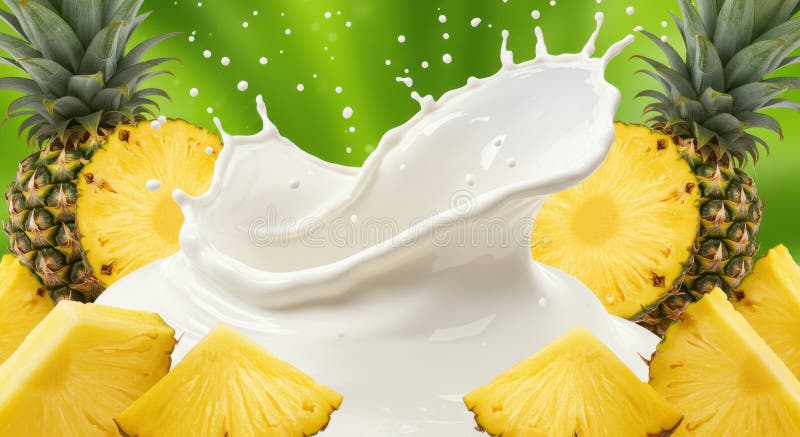 Refreshing Pineapple and Milk Splash with Slices on Vibrant Green ...