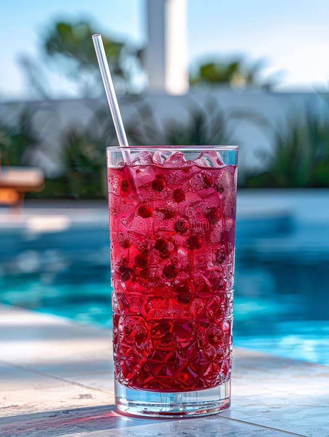 Refreshing Pink Berry Drink with Ice, Served by the Poolside. Stock ...