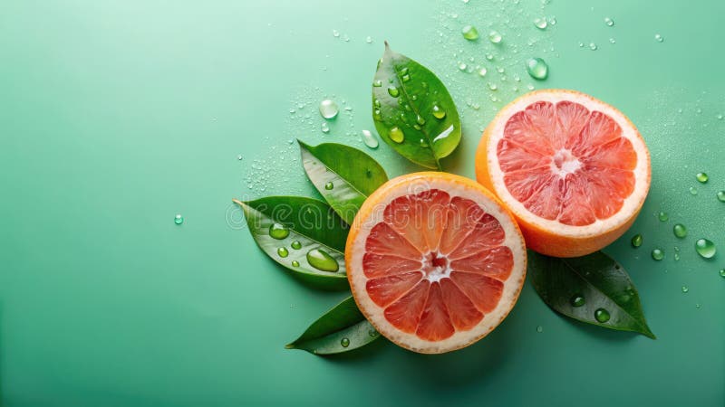Refreshing Pink Citrus Halves with Dewy Green Leaves on a Mint ...