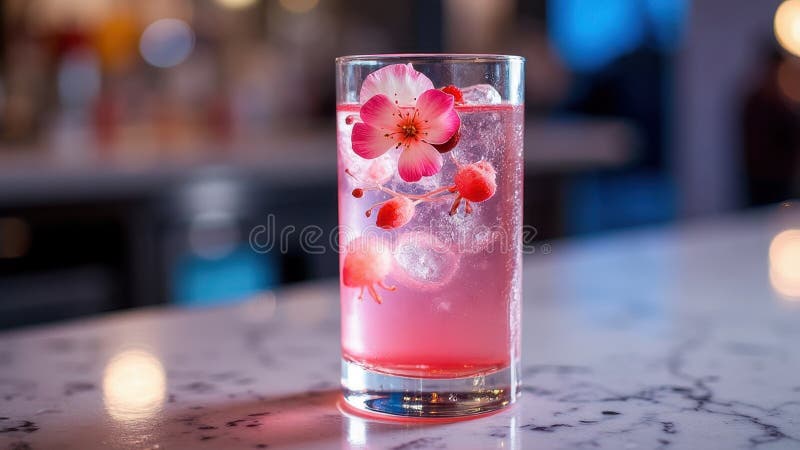 Refreshing Pink Cocktail Floral Garnish Marble Bar Counter Stock Photos ...