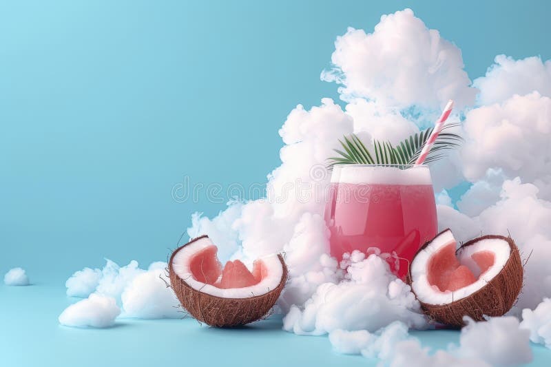 Refreshing Pink Coconut Cocktail on Clouds Tropical Summer Drink Scene ...