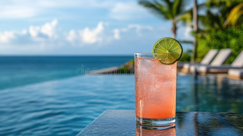 Refreshing Pink Drink with Lime by Infinity Pool Overlooking Ocean ...