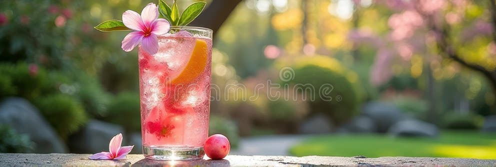 Refreshing Pink Lemonade with Flowers and Fruit on Sunny Garden Table ...