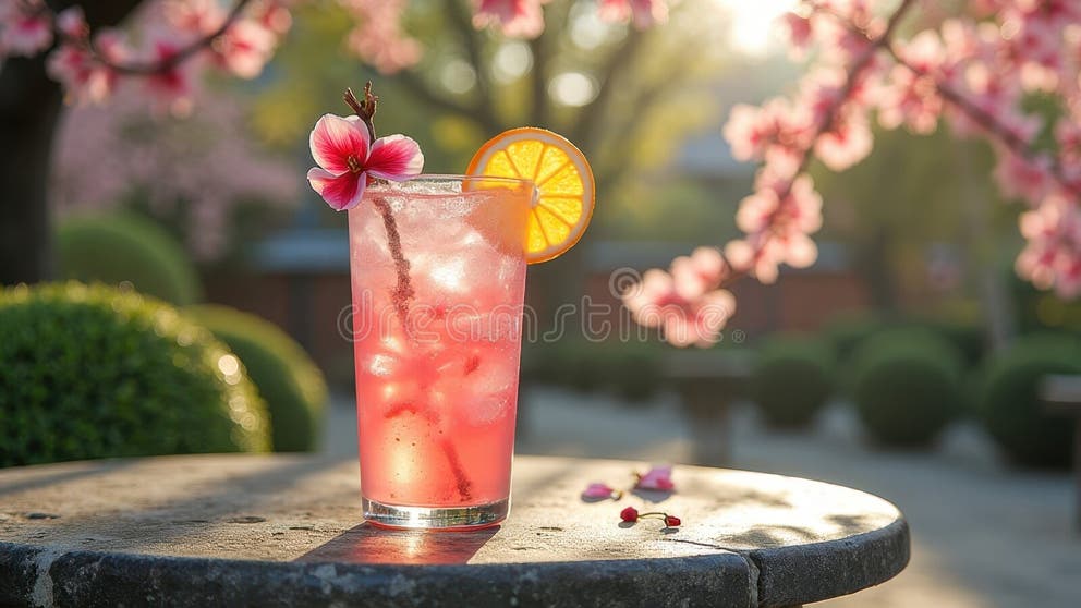 Refreshing Pink Lemonade with Orange Slice on Garden Table in Blooming ...