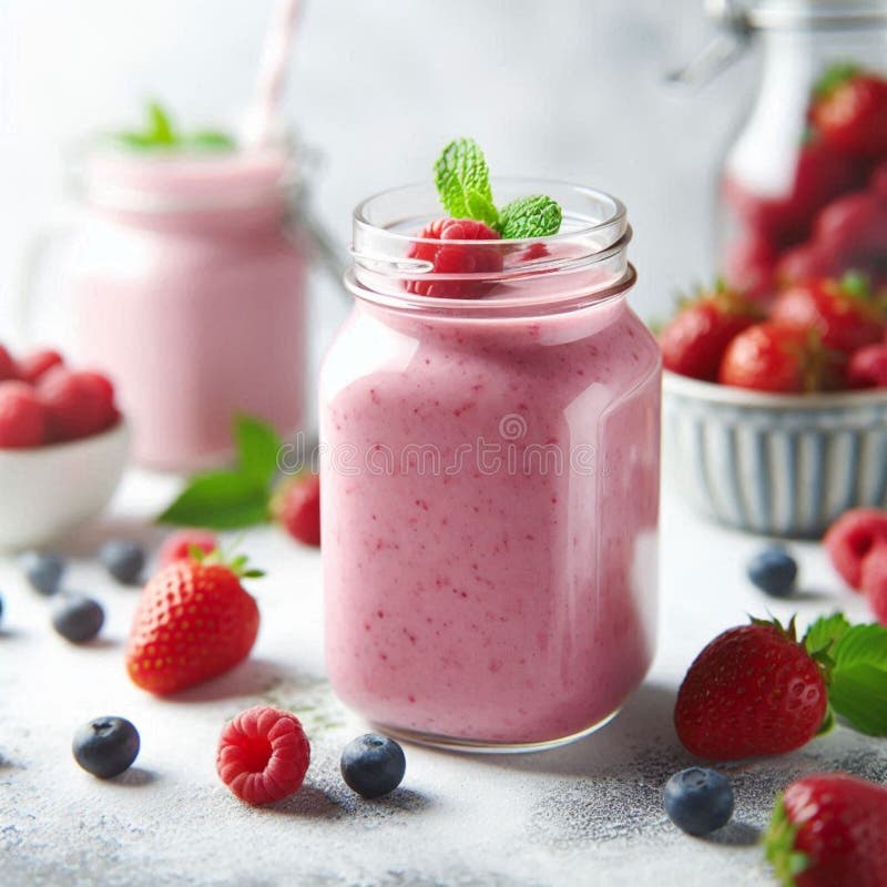 Refreshing Pink Smoothie in a Clear Glass with Fresh Berries Close Up ...