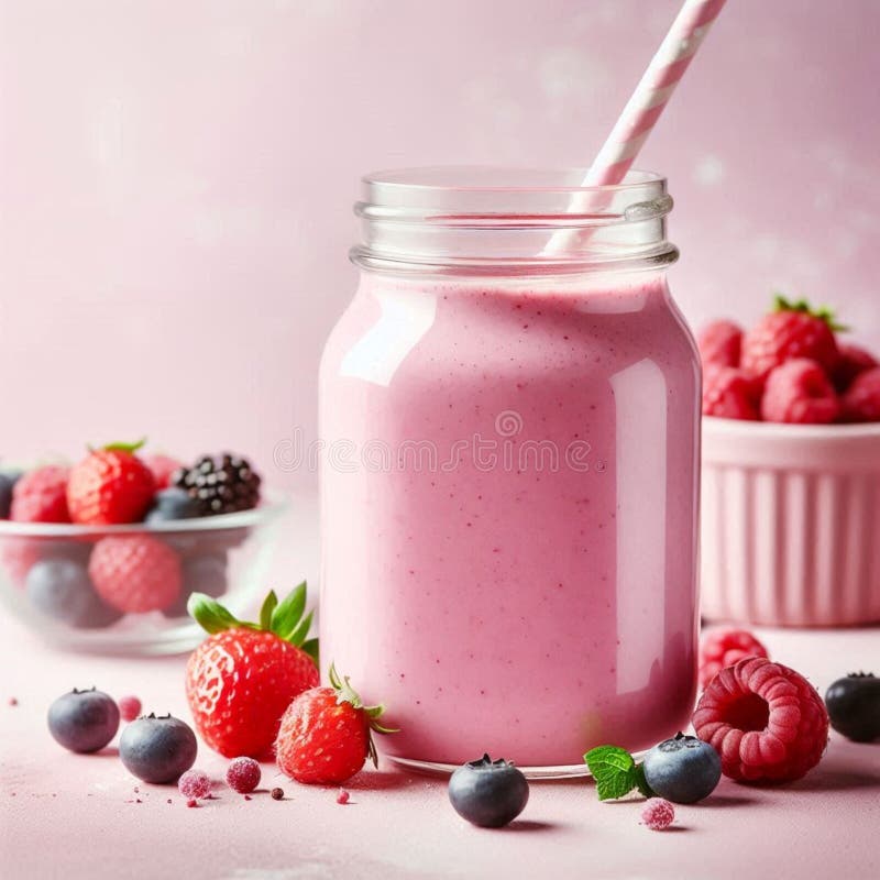 Refreshing Pink Smoothie in a Clear Jar with Fresh Berries on a Light ...
