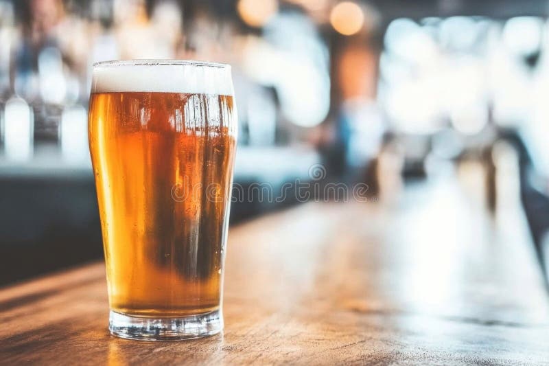 Refreshing Pint of Beer on Wooden Bar Counter in Cozy Pub Setting Stock ...