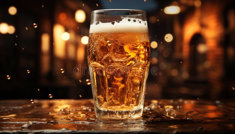 A Refreshing Pint of Cold Beer on a Wooden Bar Counter Generated by AI ...