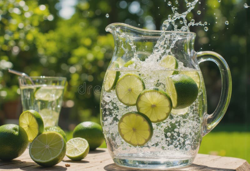 Refreshing Pitcher of Water with Lime Slices Splashing in Sunlight ...