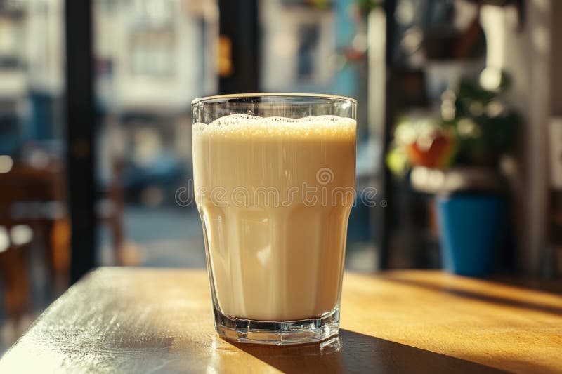 Refreshing Plant-based Milk Beverage Sits in a Glass on a Cafe Table ...