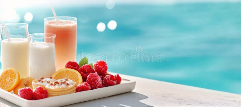 Refreshing Poolside Breakfast Featuring Smoothies, Drinks, and Fresh ...