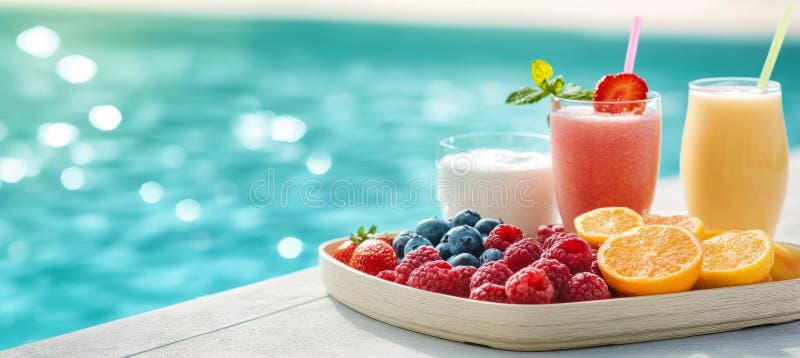Refreshing Poolside Breakfast Featuring Smoothies, Drinks, and Fresh ...