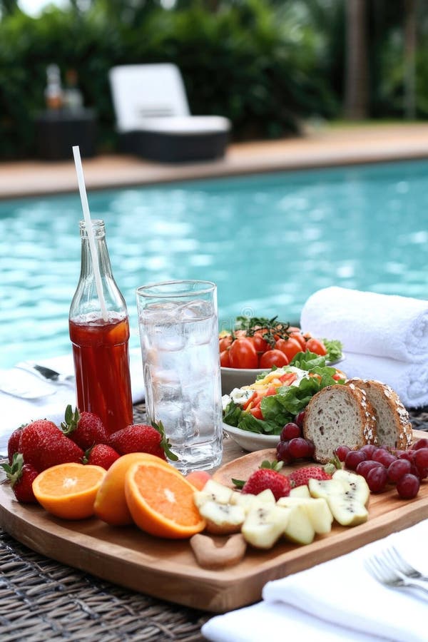 Refreshing Poolside Breakfast with Fresh Fruit and Iced Tea Stock Image ...