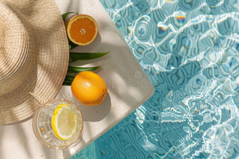 Poolside Relaxation with Straw Hat, Lemons, and Refreshing Drink Stock ...