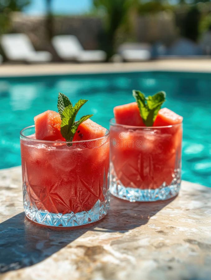 Refreshing Poolside Watermelon Mint Drink Under Sunshine Generative AI Stock Illustration ...