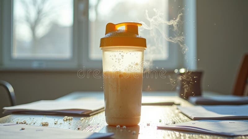 Refreshing Protein Shake on Sunny Table with Steam and Water Droplets ...