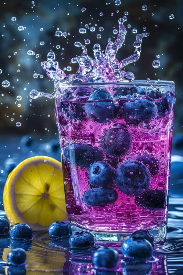 Refreshing Purple Blueberry Fruit Water or Soda Splash with Lemon on ...