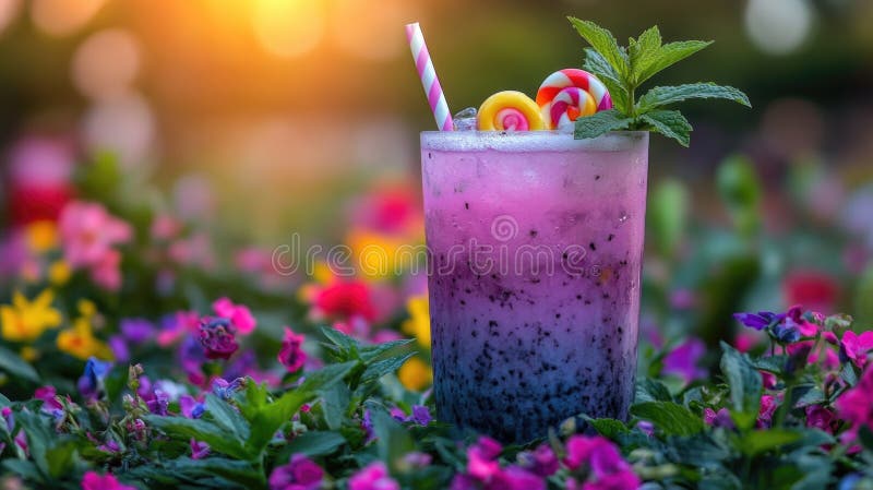 Refreshing Purple Smoothie with Straw Candies and Mint in Garden ...