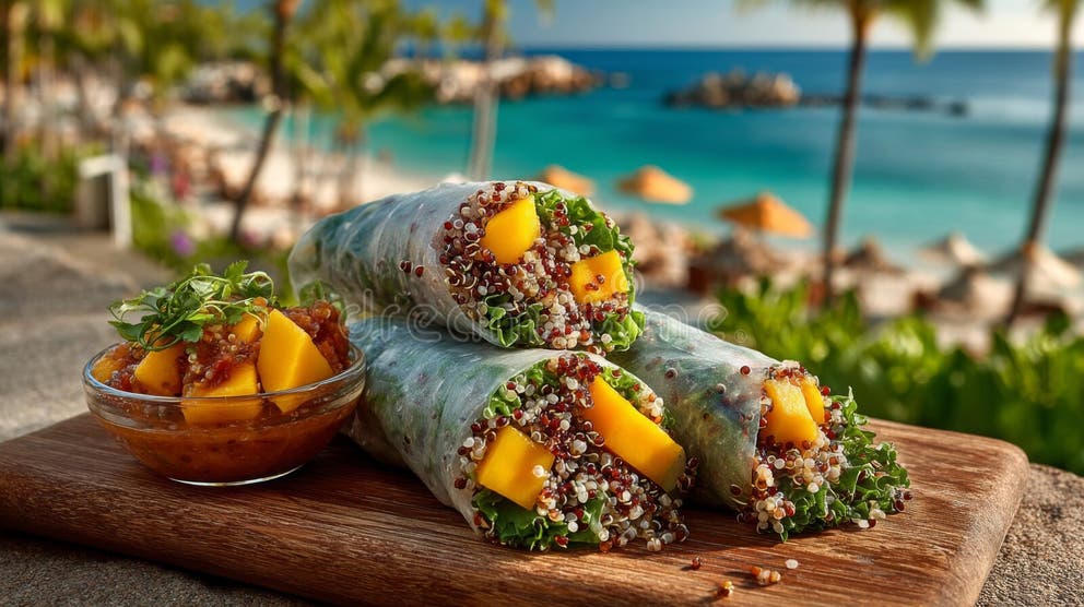 Refreshing Quinoa and Mango Rice Paper Wraps on Tropical Beach Stock ...