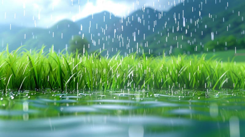 Refreshing Rain Over Lush Green Grass. Generative Ai Stock Illustration ...