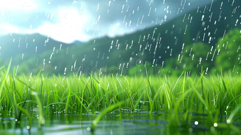 Refreshing Rain Over Lush Green Grass. Generative Ai Stock Illustration ...