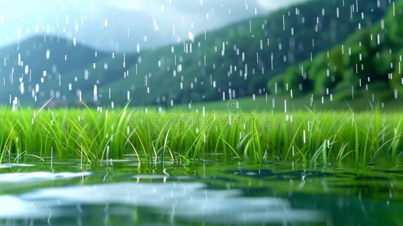 Refreshing Rain Over Lush Green Grass. Generative Ai Stock Illustration ...