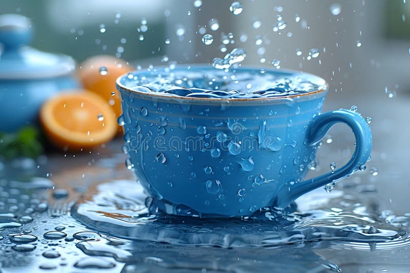 Refreshing Raindrops on Blue Ceramic Teacup with Vibrant Orange Slice ...