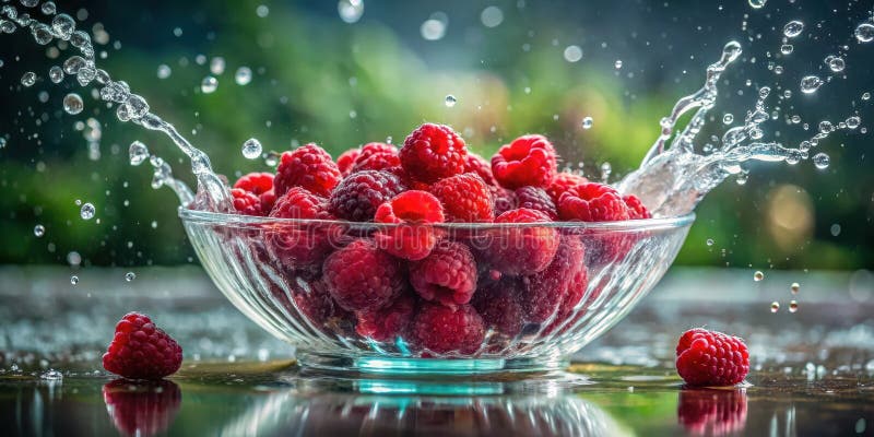 Refreshing Raspberries in a Glass Bowl with a Splash of Water ...