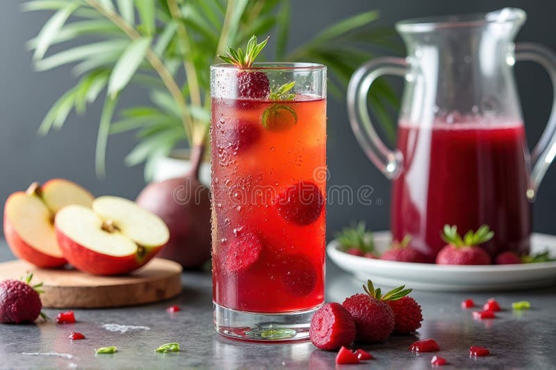 Refreshing Raspberry and Apple Juice with Ice and Fresh Fruits in Glass ...