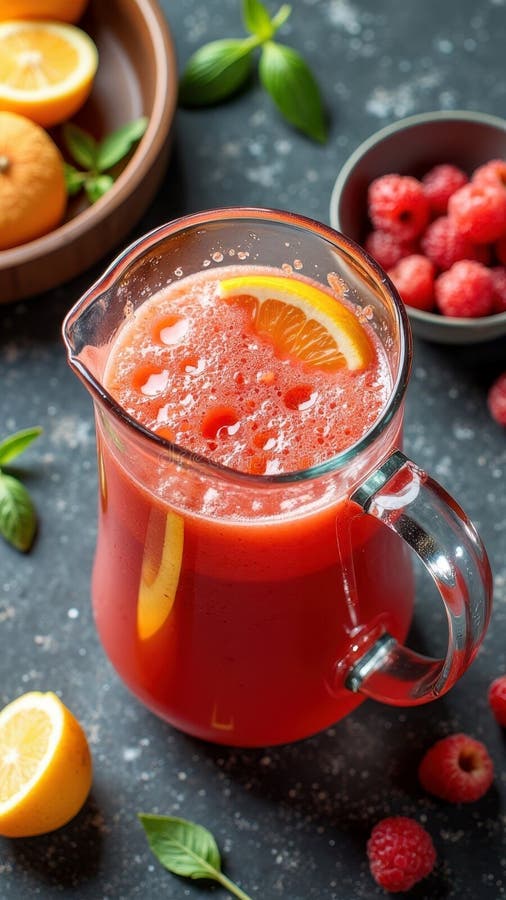 Refreshing Raspberry Citrus Juice with Fresh Orange Slices and Basil ...
