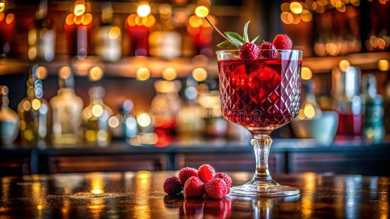 Refreshing Raspberry Cocktail on Bar Top with a Blurred Background of ...