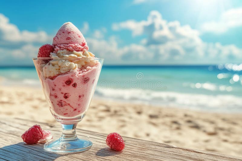 Refreshing Raspberry Ice Cream Melting Under the Sun by the Ocean Stock ...