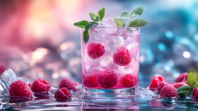 Refreshing Raspberry Infused Water with Mint and Ice for Summer ...