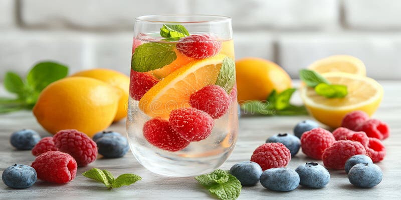 Refreshing Raspberry Lemon Blueberry Infused Water Drink in Glass Stock ...
