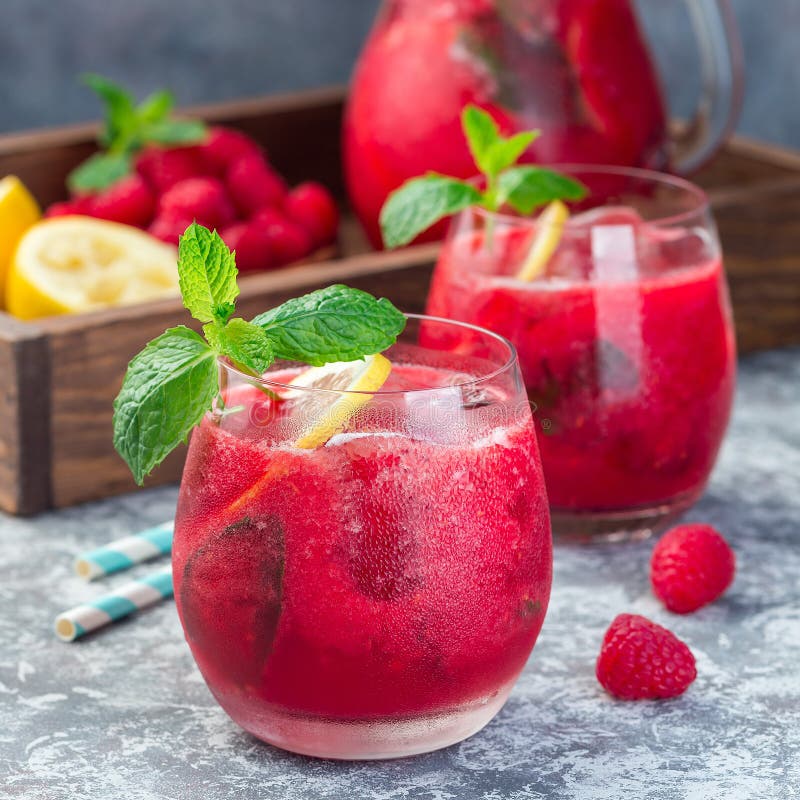 Refreshing Raspberry, Lemon and Mint Lemonade with Sparkling Water in a ...