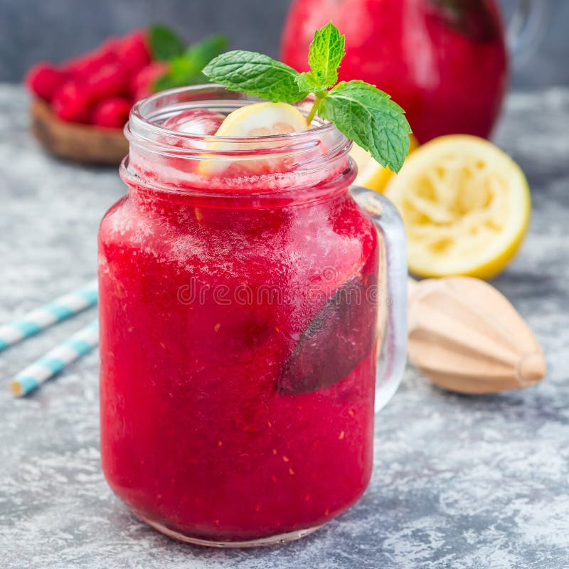Refreshing Raspberry, Lemon and Mint Lemonade with Sparkling Water in a ...