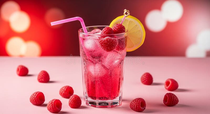 Raspberry Lemonade in a Glass with Ice Cubes and a Straw on a Pink ...
