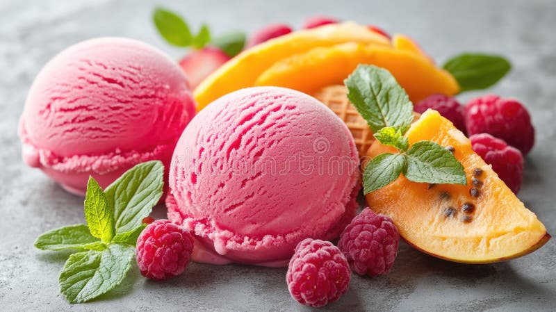 Refreshing Raspberry Mango Ice Cream Fresh Mint Tropical Fruits Stock ...