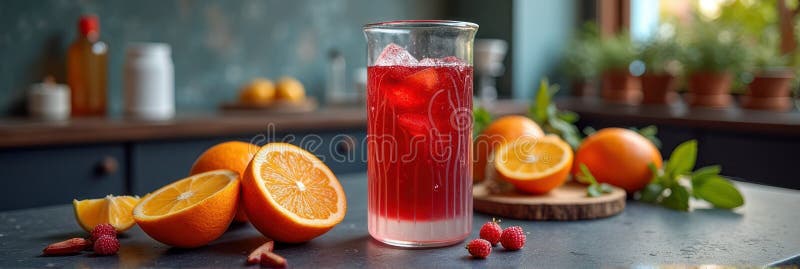 Refreshing Raspberry Orange Juice in a Glass with Fresh Fruits in a ...